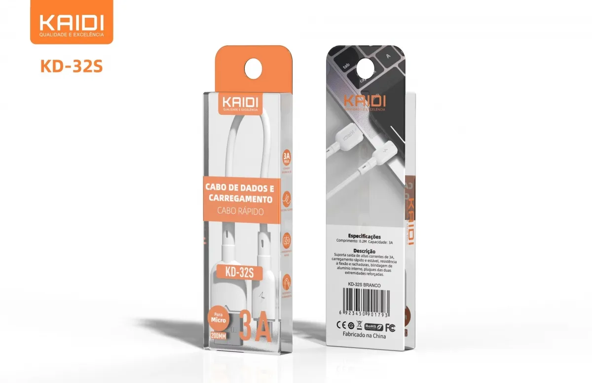 Representante Oficial dos Produtos Kaidi no Brasil - Cabo USB para Micro 3A Kaidi KD-32S 20cm
