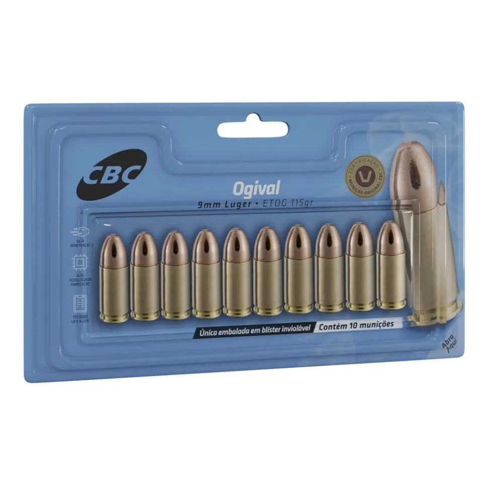 ALFA ARMERIA - MUNIÇÃO CAL. 9mm LUGER CBC 115gr CARTELA C10