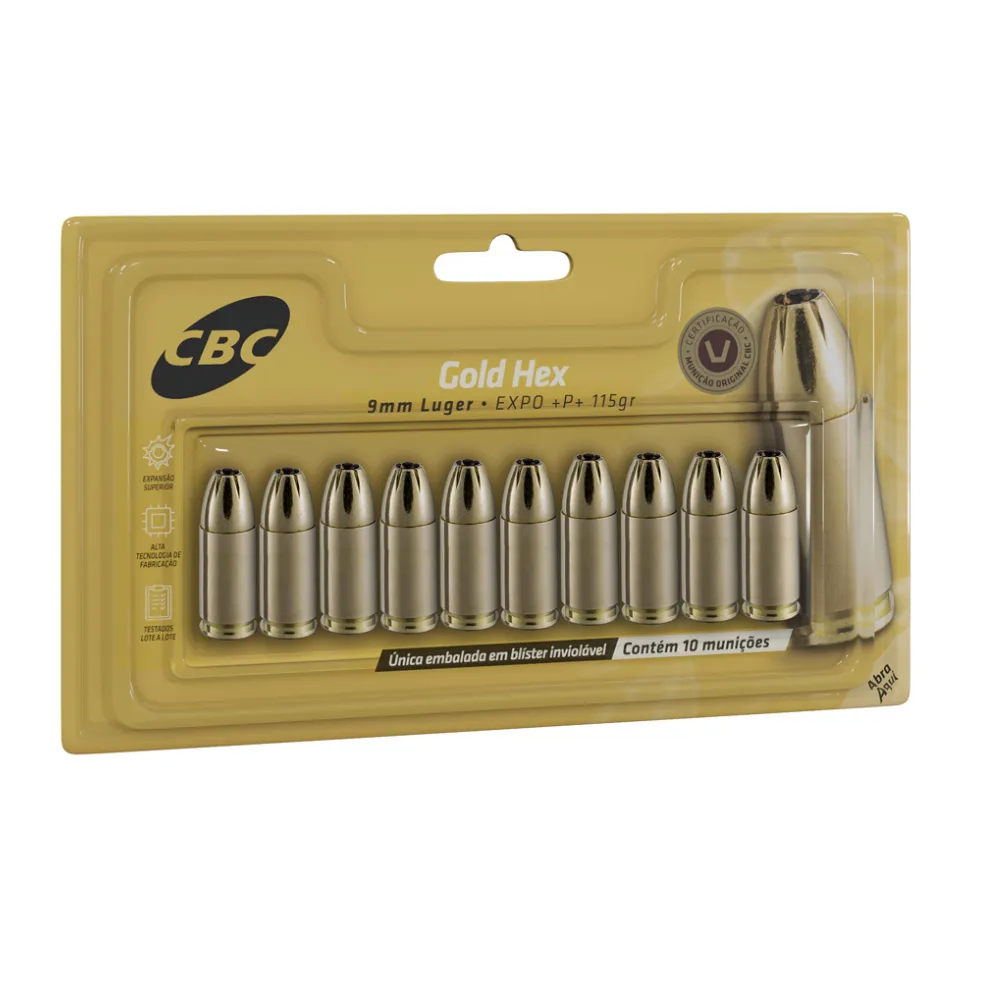 ALFA ARMERIA - MUNIÇÃO CAL. 9mm CBC GOLD HEX 115gr CARTELA C10