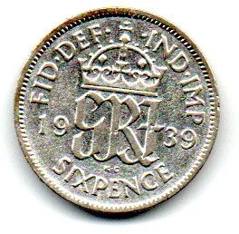 Numis Market - Reino Unido - 1939 - 6 Pence - Prata .500 - Aprox. 2,828g - 19,4mm