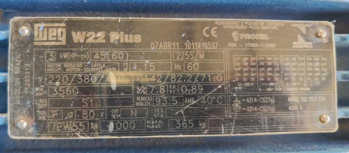 SOMETAL - Motor elétrico trifásico WEG W22 Plus 60 CV 2 polos 220V/380V/440V - C. 68