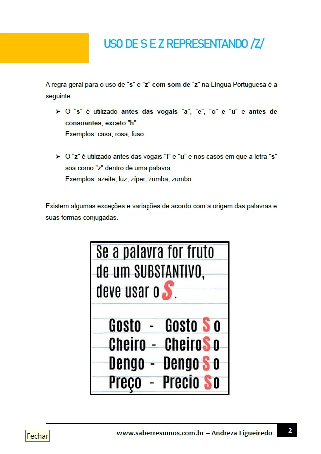 www.saberresumos.com.br - 385 - Português - Ortografia - Uso do S e Z - 8º ano - PDF com 3 páginas