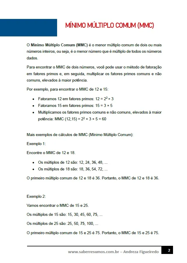 www.saberresumos.com.br - 392 - Matemática - Mínimo Múltiplo Comum (MMC) - 6º ano - PDF com 4 ...