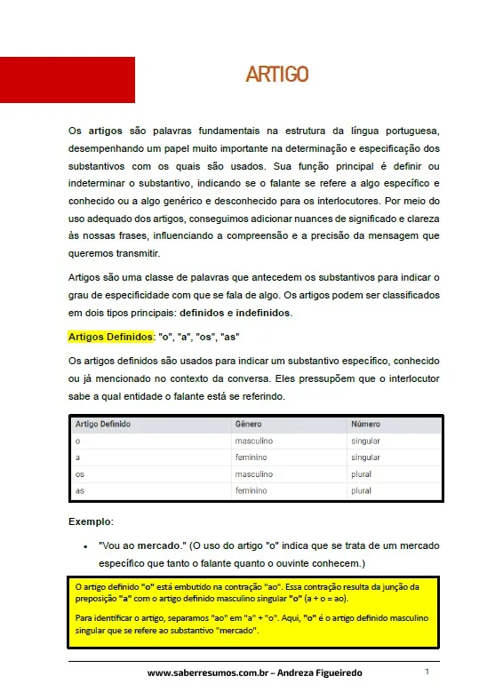 www.saberresumos.com.br - 648 - Português - Gramática - Classe de Palavras - Artigo - 9º ano ...