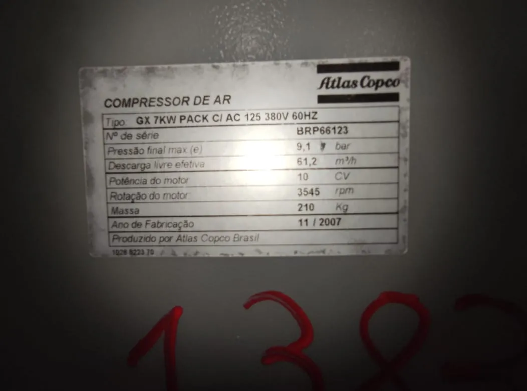 SOMETAL - Compressor Atlas Copco GX7 380V/2007 - Cód. 1383
