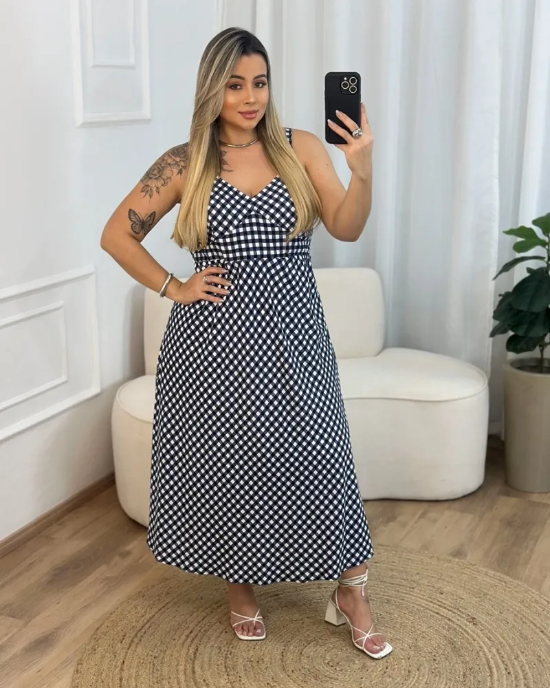 Blue Angels Store - Vestido Midi Diva's Voga Xadrez Azul Marinho