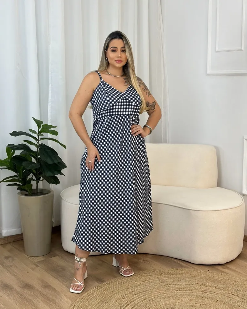 Blue Angels Store - Vestido Midi Diva's Voga Xadrez Azul Marinho