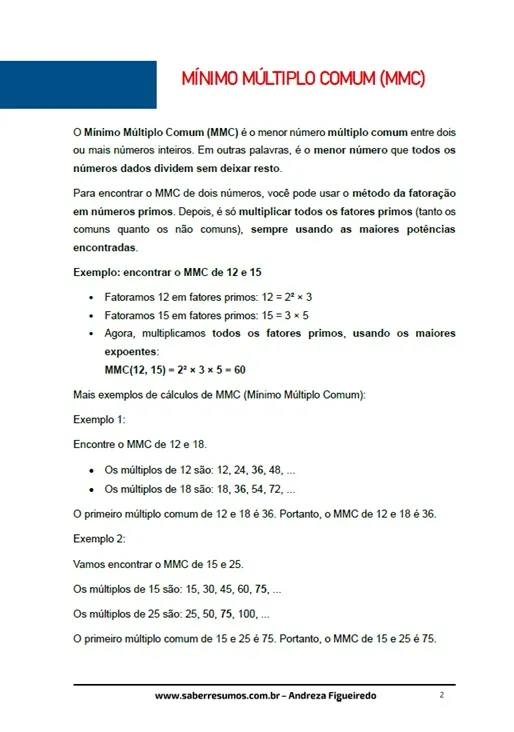 www.saberresumos.com.br - 392 - Matemática - Mínimo Múltiplo Comum (MMC) - 6º ano - PDF com 12 ...