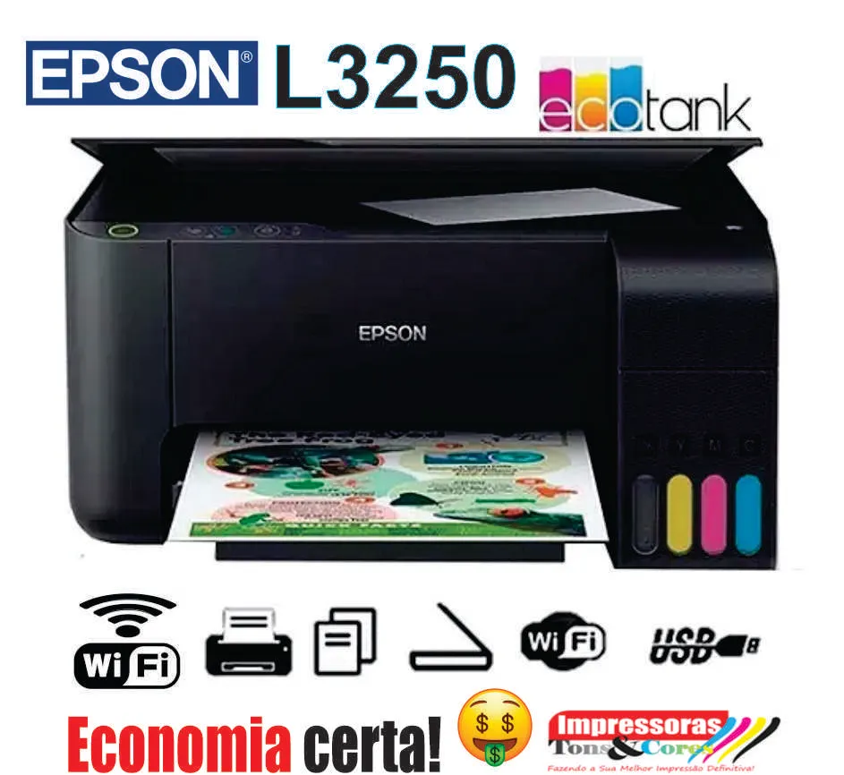 Impressoras tons e cores - Impressora Multifuncional Epson EcoTank L3250 Wi-Fi Direct